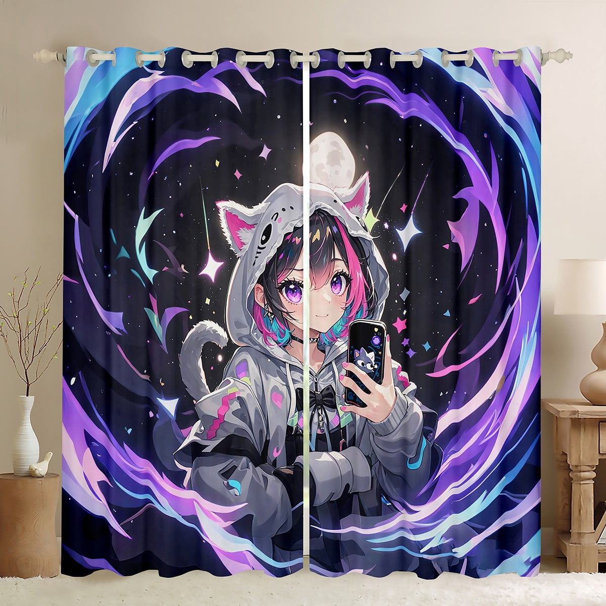 Manfei Anime Girl Blackout Curtains Set of 2 (52x84 Each),Japanese ...