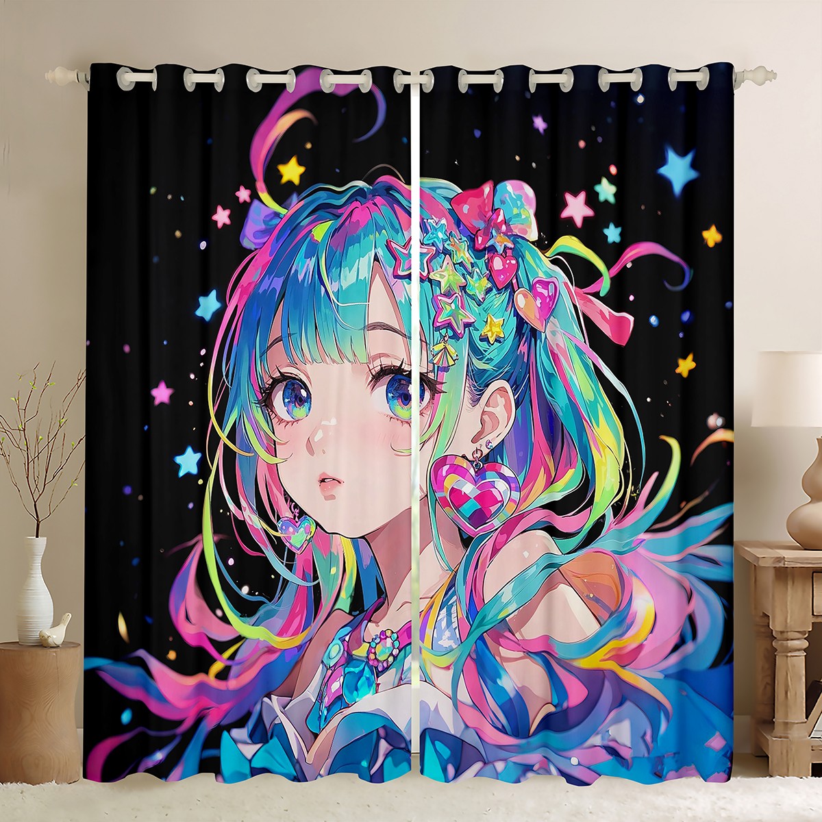Manfei Anime Girl Curtains Pack of 2 (42x84 Each),Cartoon Manga ...