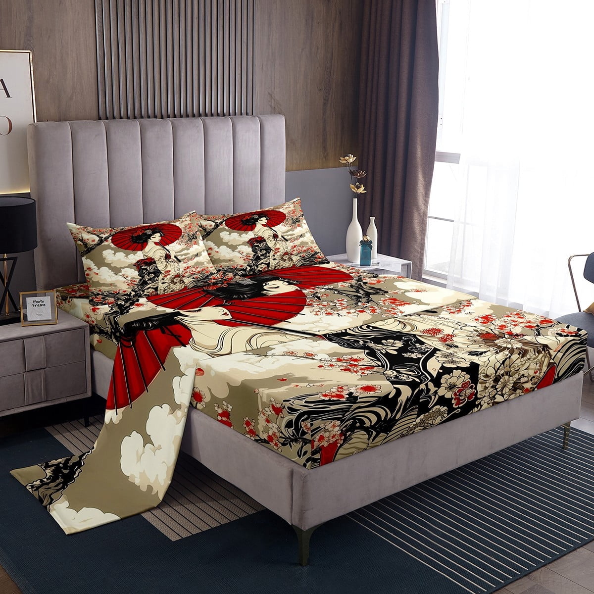 Manfei Anime Warrior Bed Sheets Set Twin Size, Red Blossoms Floral Bed ...