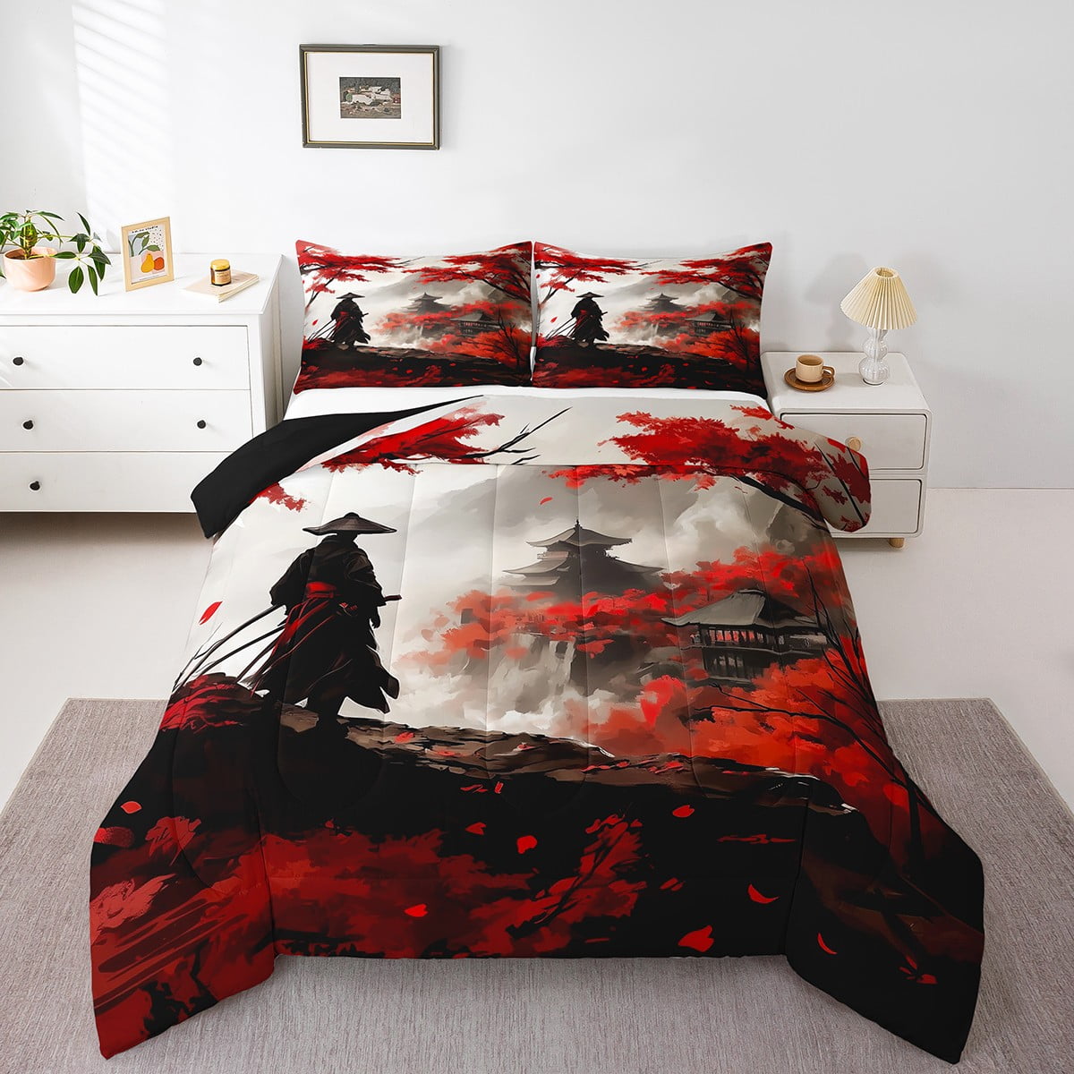 Manfei Anime Warrior Bedding Full Comforter Set, Red Blossoms Floral ...