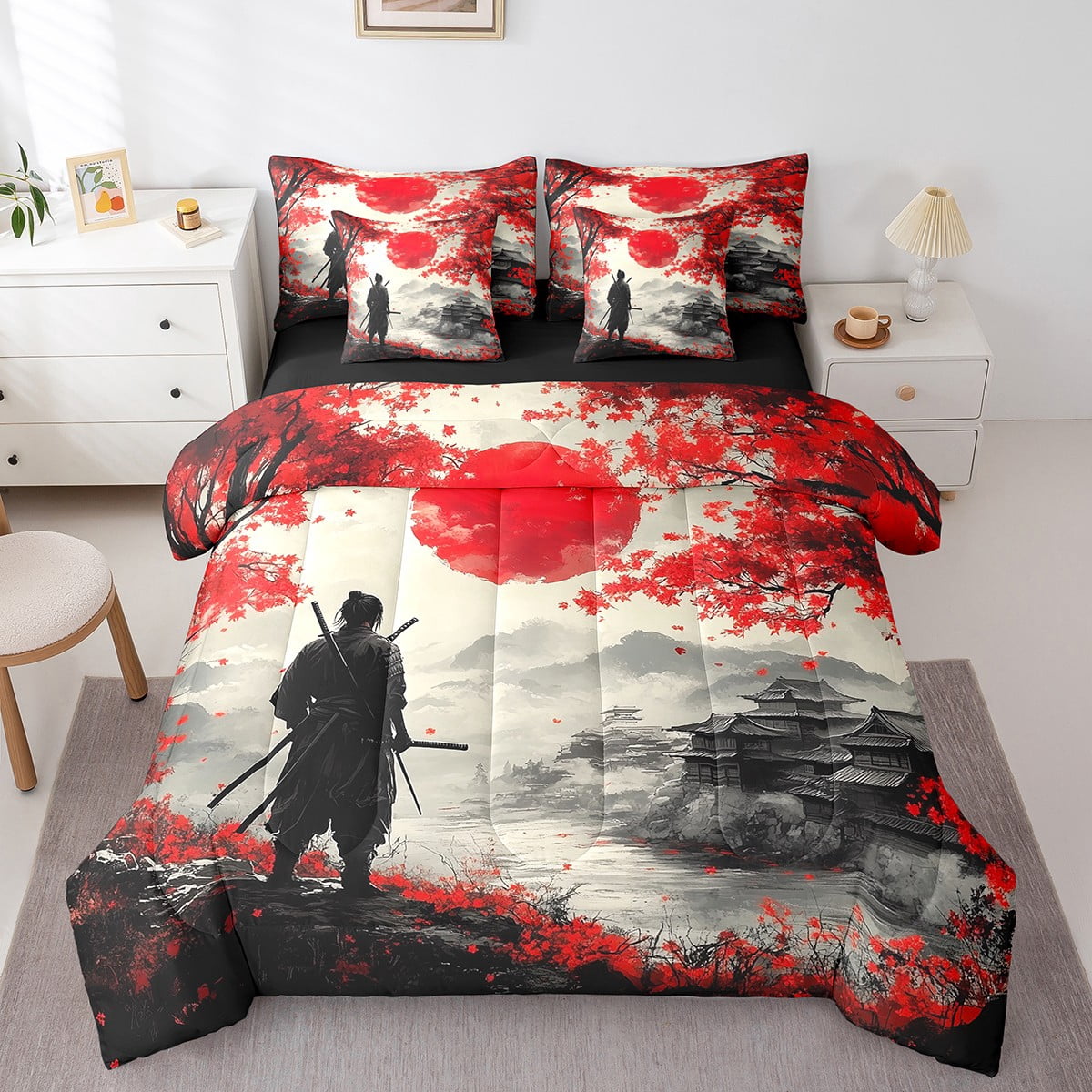 Manfei Anime Warrior Bedding Sets King Size, Red Blossoms Floral Bed in ...
