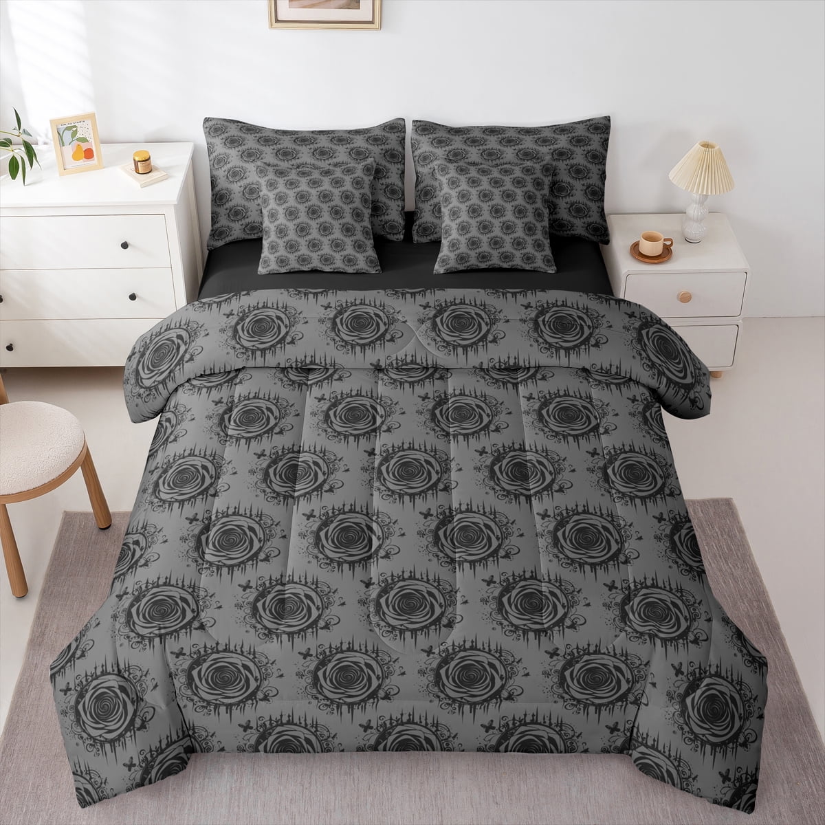Manfei Anniversary Rose Print Bedding Comforter Set 7-Piece, Black Grey ...