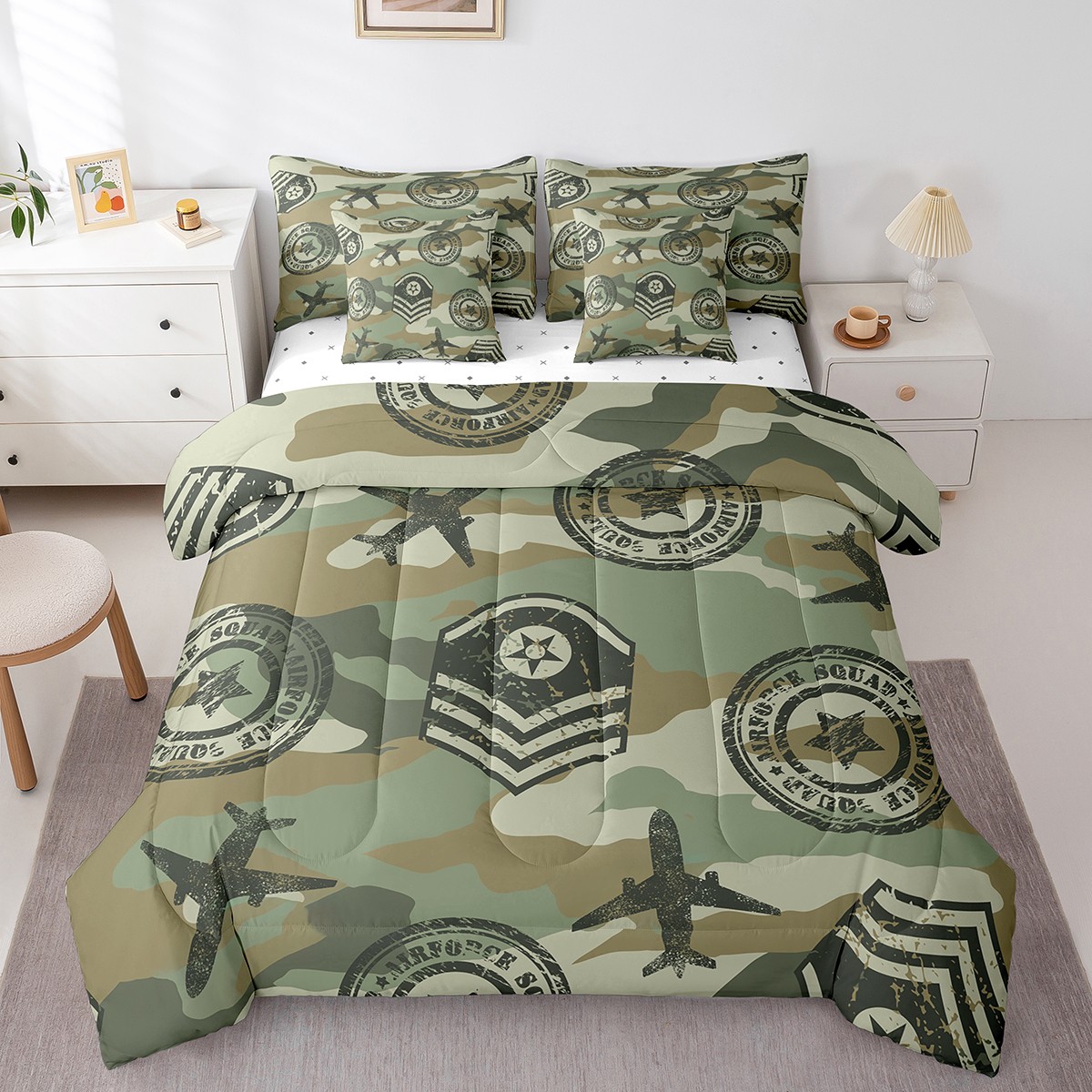 Manfei Army Camouflage Bedding Comforter Set 7-Piece, Military Airplane ...