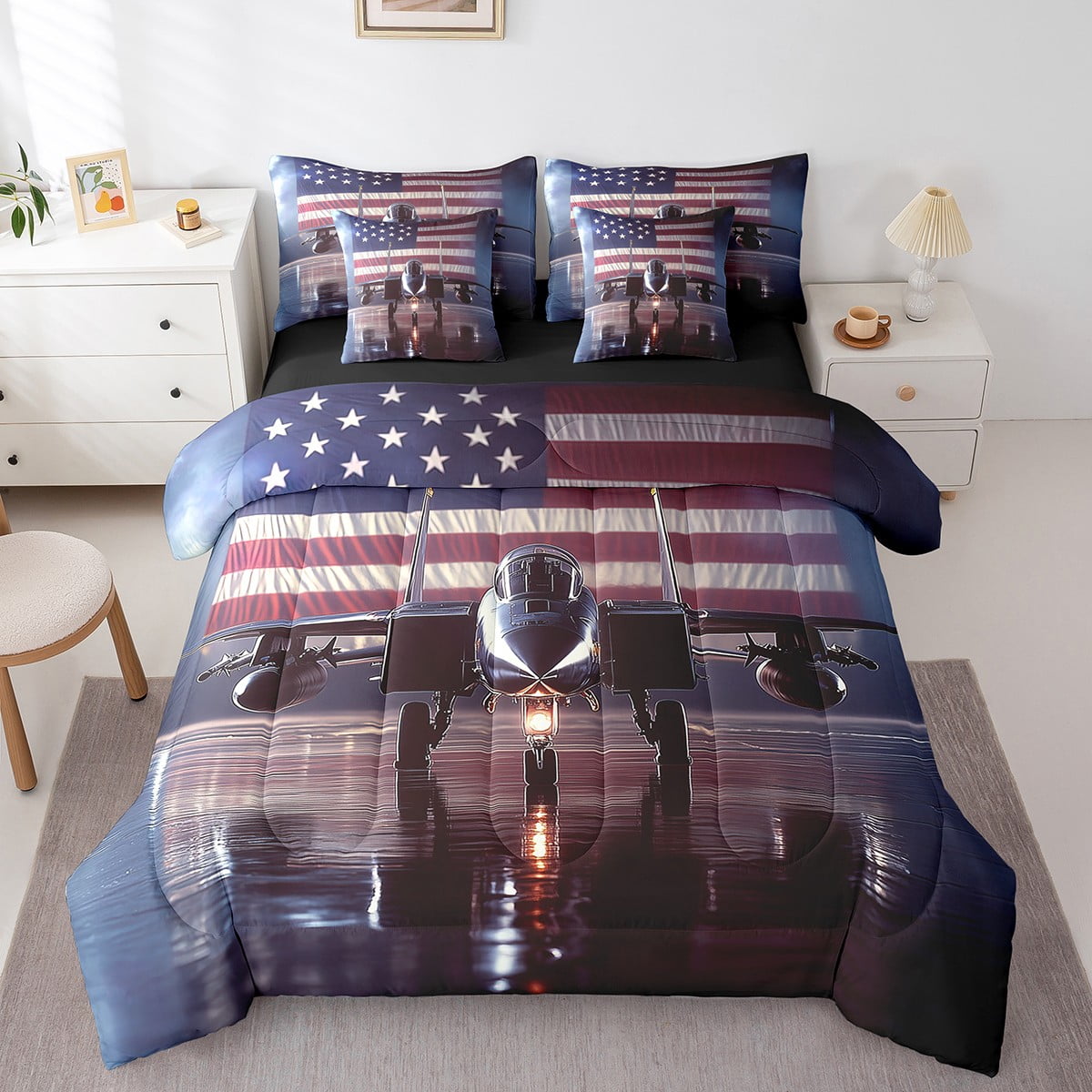 Manfei Fighter Jet 7-Piece Bedding Comforter Set,American Flag King ...