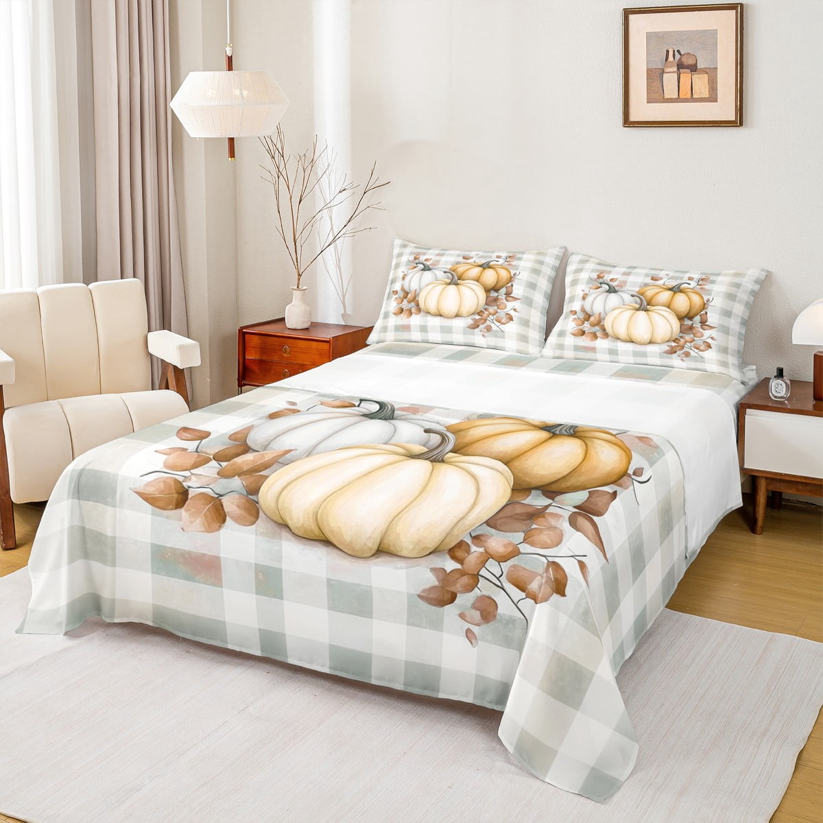 Manfei Autumn Harvest Pumpkin Full Size Sheets,Rustic Farmhouse Cabin ...
