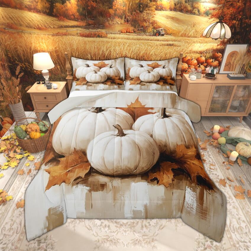Manfei Autumn Harvest Pumpkin Queen Comforter Set, Fall Maple Leaves ...