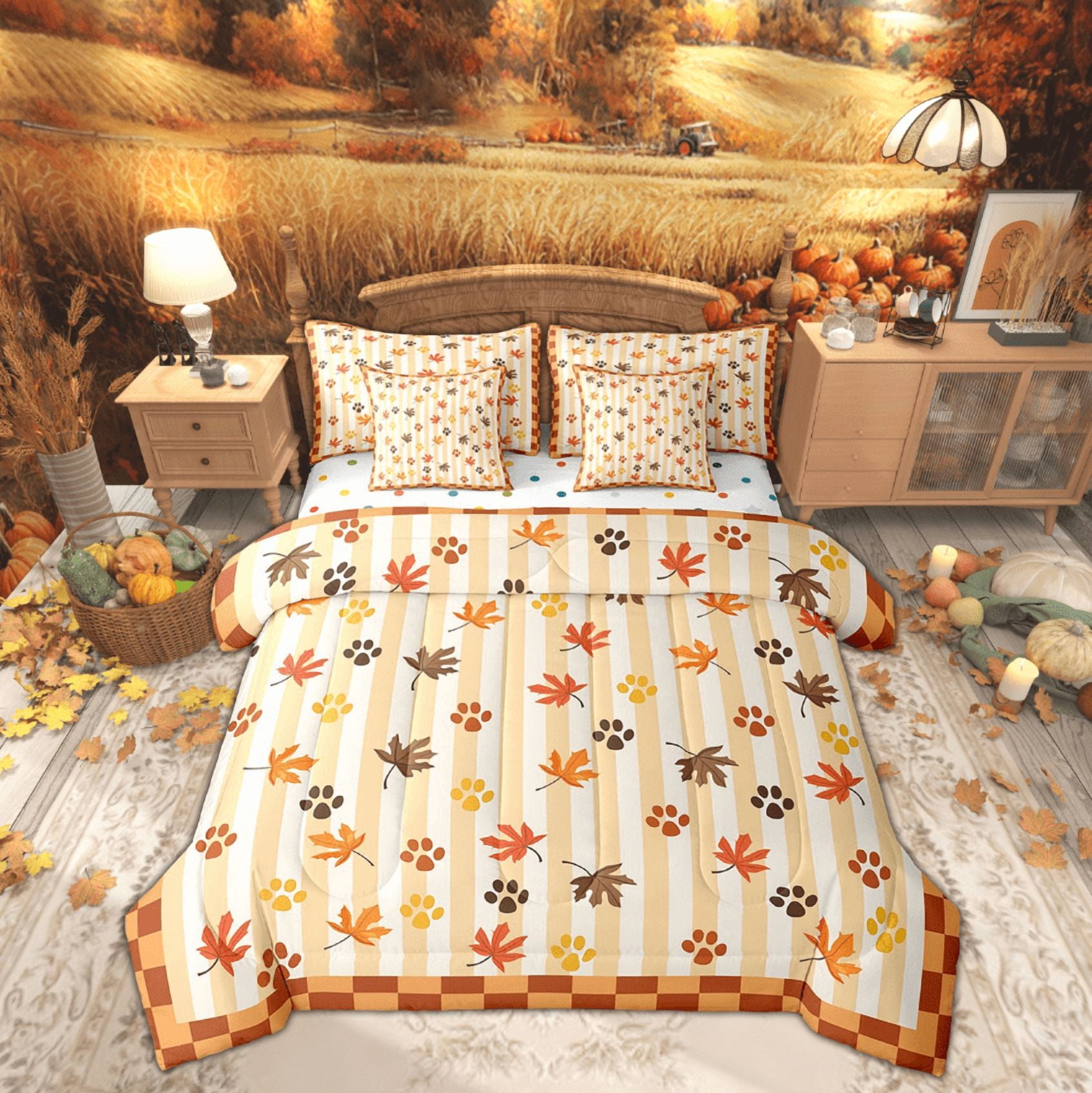 Feelyou Autumn Maple Twin Bedding Sets 7-Piece, Stripes Geometric ...