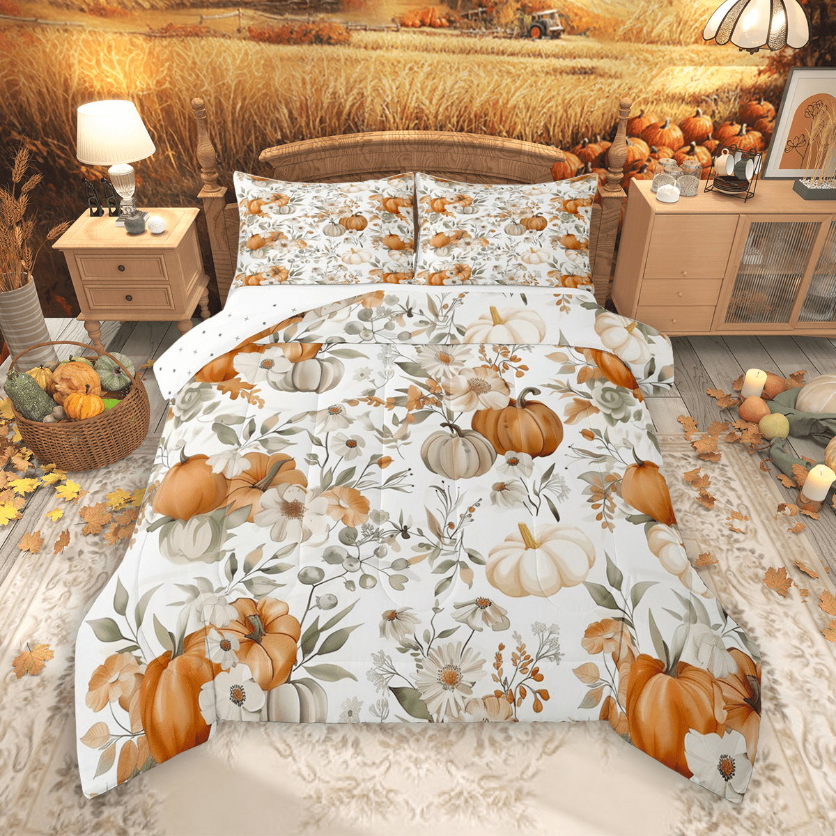 Manfei Autumn Pumpkin Full Size Comforter Sets 3-Piece, Fall Leaves ...