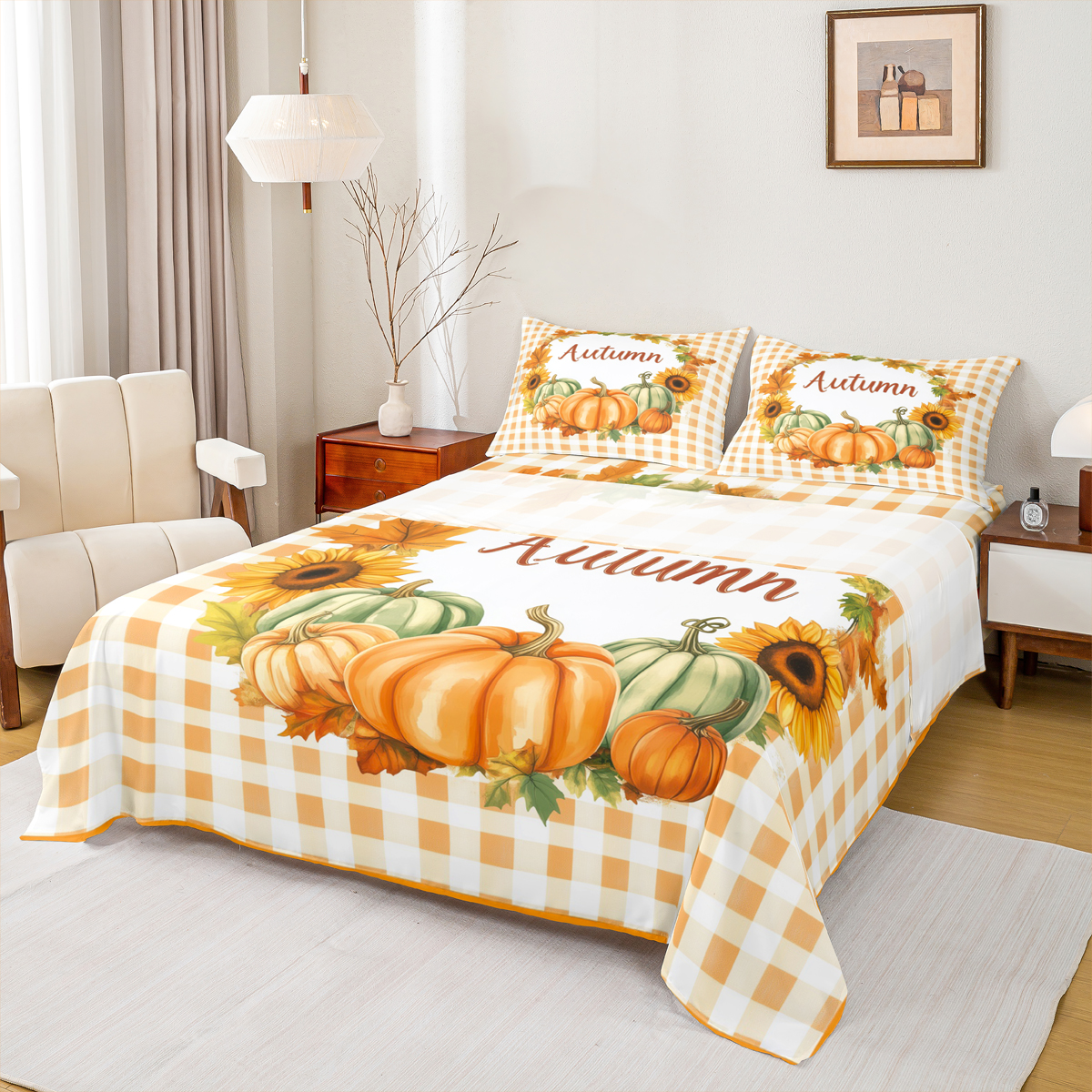 Manfei Autumn Pumpkin Sunflower Full Size Sheets,Rustic Farmhouse Cabin ...