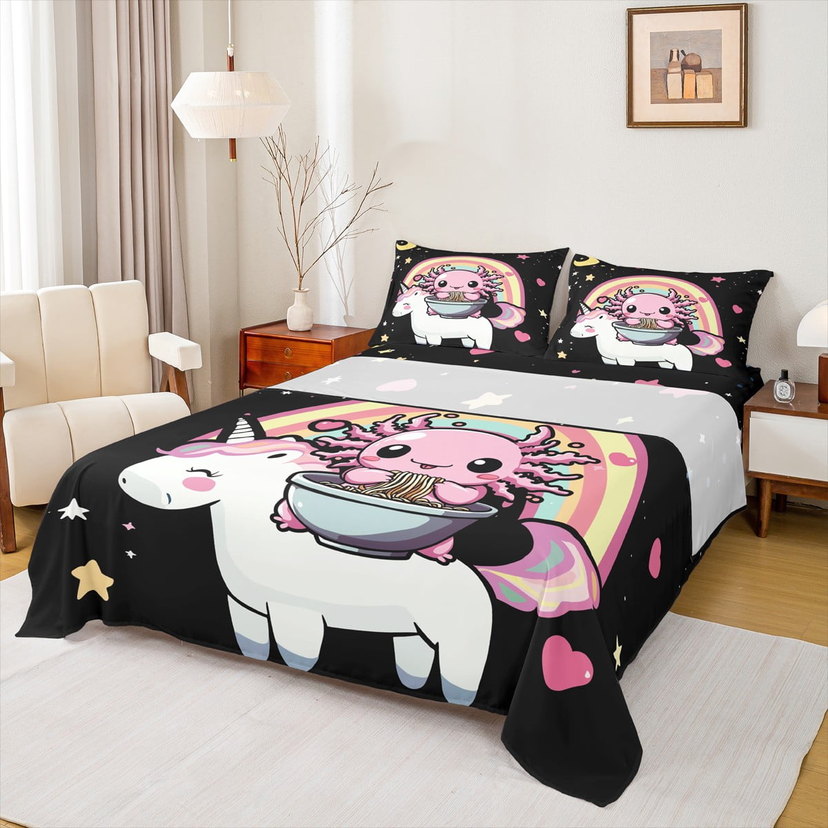 Manfei Axolotl Unicorn 4-Piece Full Size Sheets,Oriental Food Ramen Bed ...