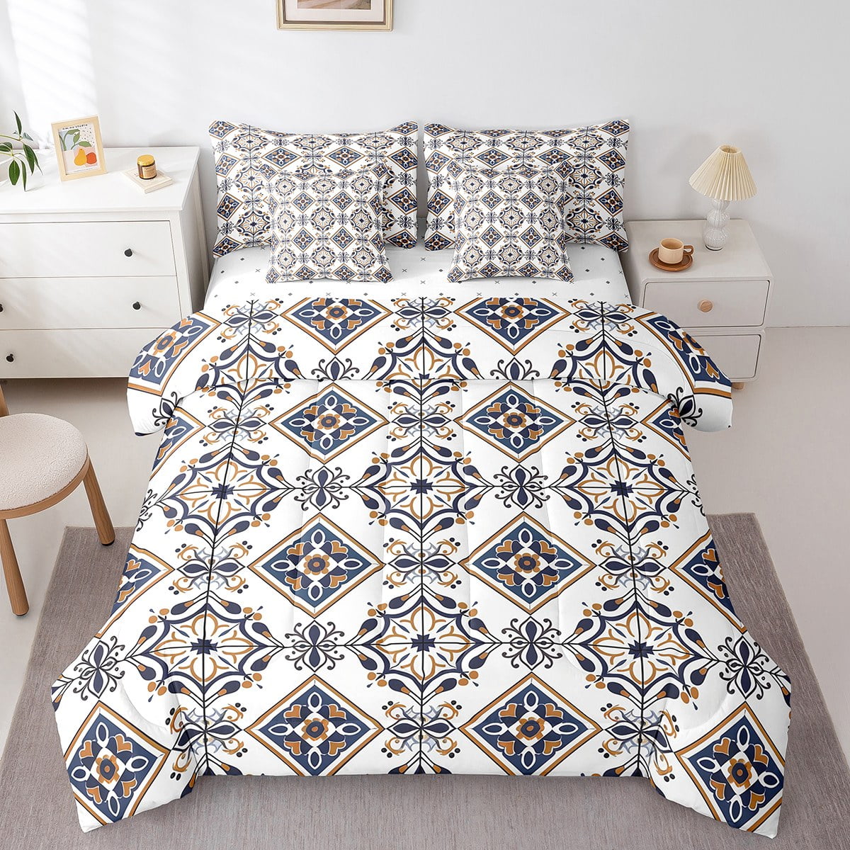 Manfei Aztec Flower Bedding Comforter Set 7-Piece,Retro Boho Bohemain ...