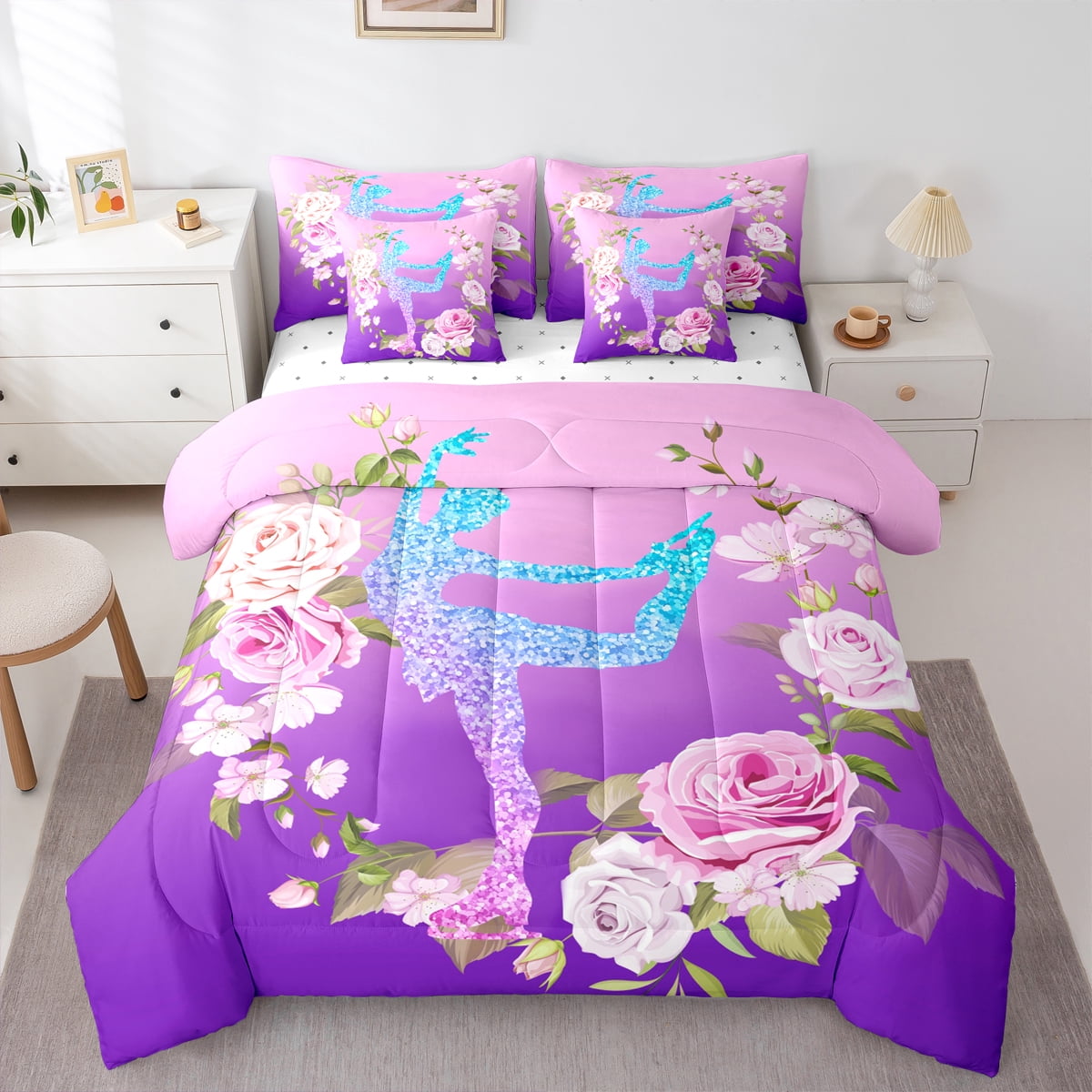 Manfei Ballet Dancer Slihouette 7pcs Bedding Comforter Set,Chic Flower ...