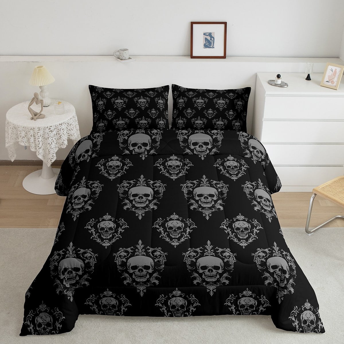 Manfei Baroque Damask Full Size Comforter Sets,Spooky Gothic Skull ...