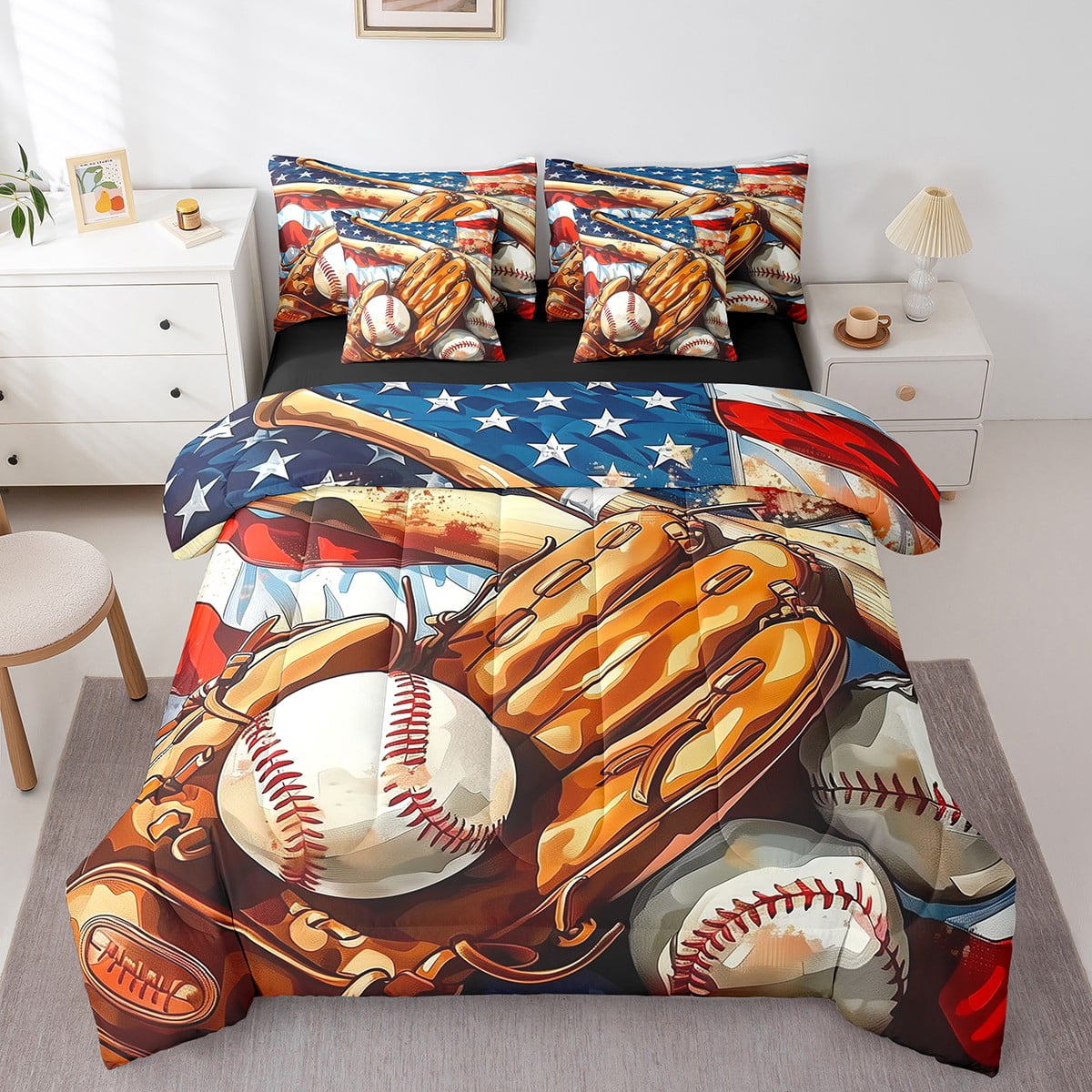 Manfei Baseball Bedding Comforter Set 7-Piece,Sports Game Queen Bedding ...