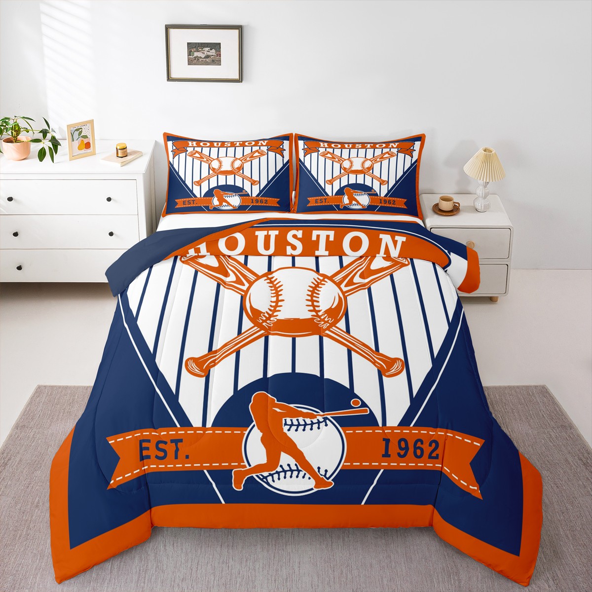 Manfei Baseball City Queen Comforter Set,Orange White Blue Bedding Sets ...