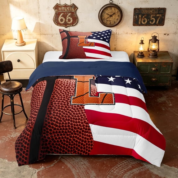Manfei Basketball Initial L Twin Comforter Sets, American Flag Sport ...