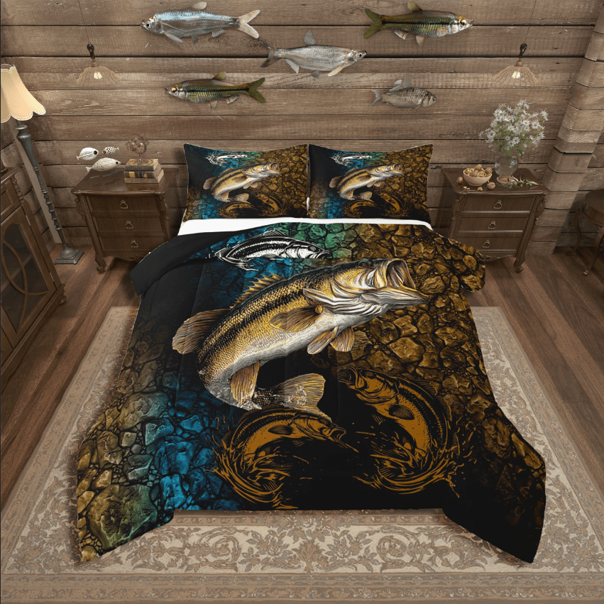 Manfei Bass Fish 3-Piece Full Size Comforter Sets,Fishing Hunting ...
