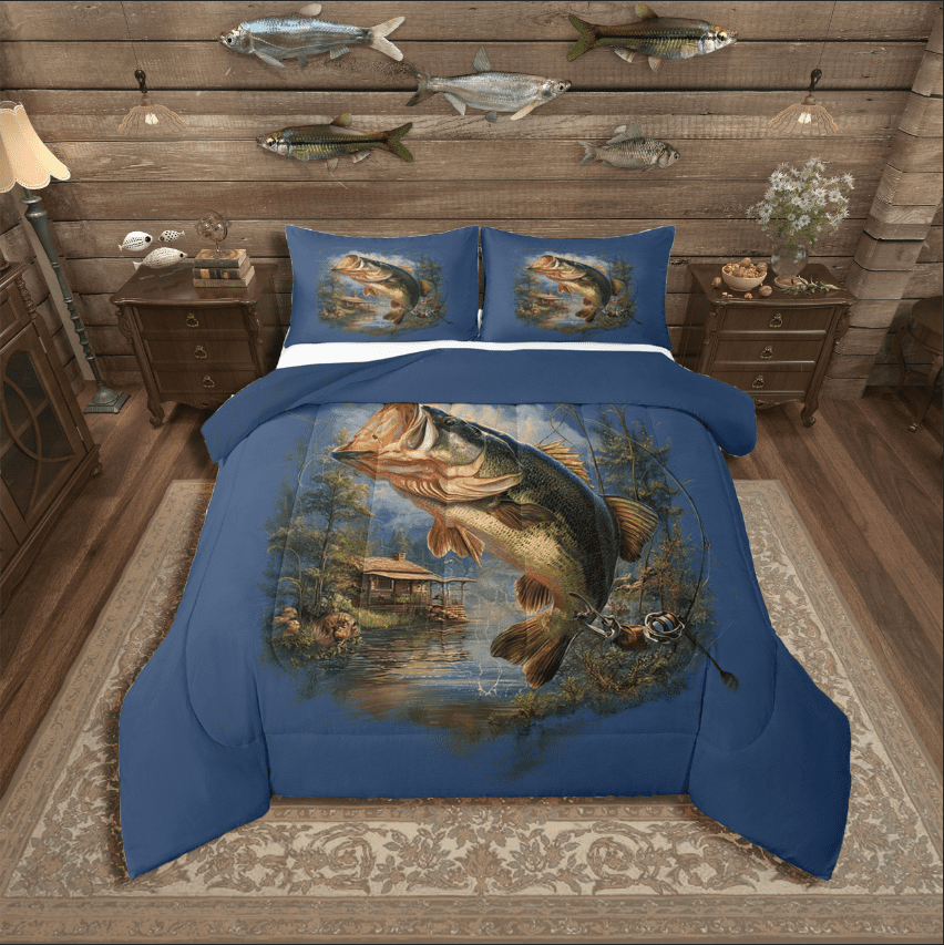 Manfei Bass Fish 3-Piece Full Size Comforter Sets,Fishing Hunting ...