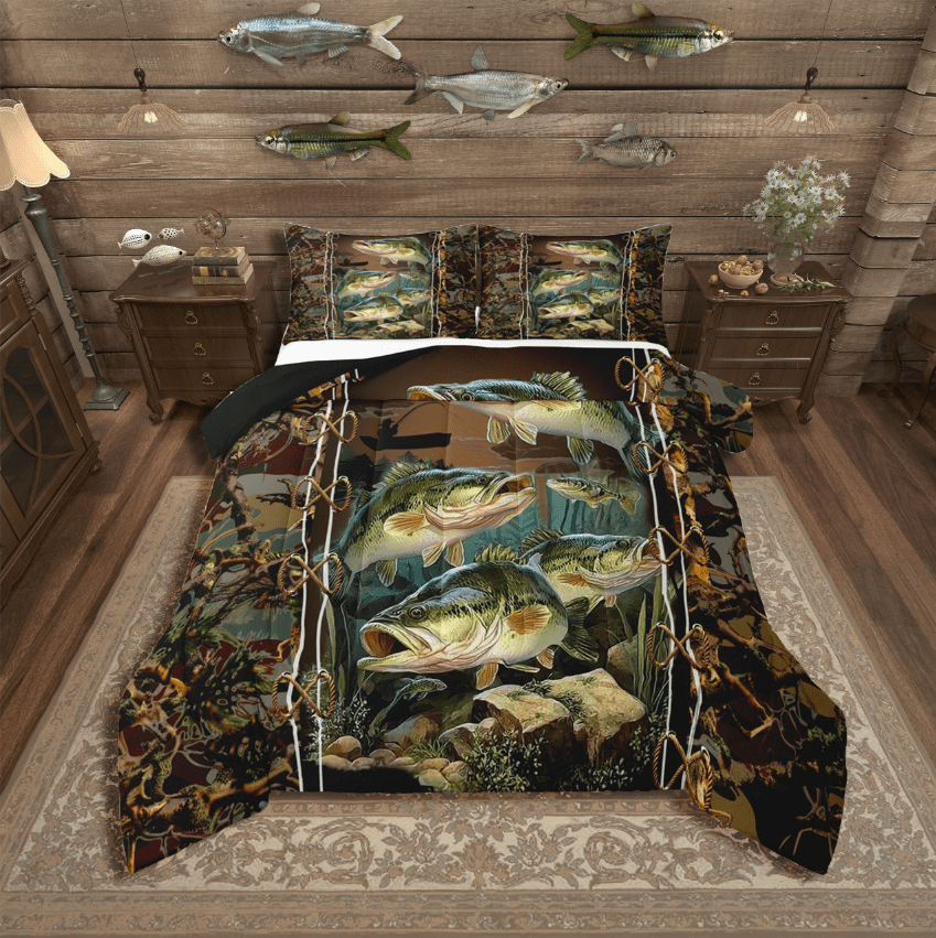 Manfei Bass Fish 3 Pieces Queen Comforter Set,Green Brown Bedding Sets ...