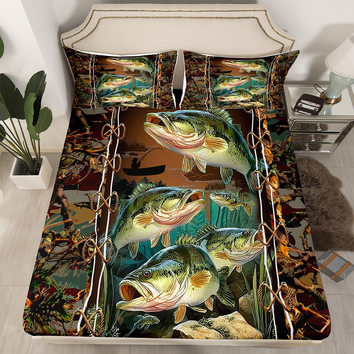 Manfei Bass Fish 3pcs Twin Sheet Sets,Green Brown Twin Fitted Sheet ...