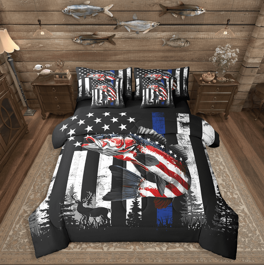 Manfei Bass Fish 7 Pieces Bedding Comforter Set,USA Flag Full Bedding ...