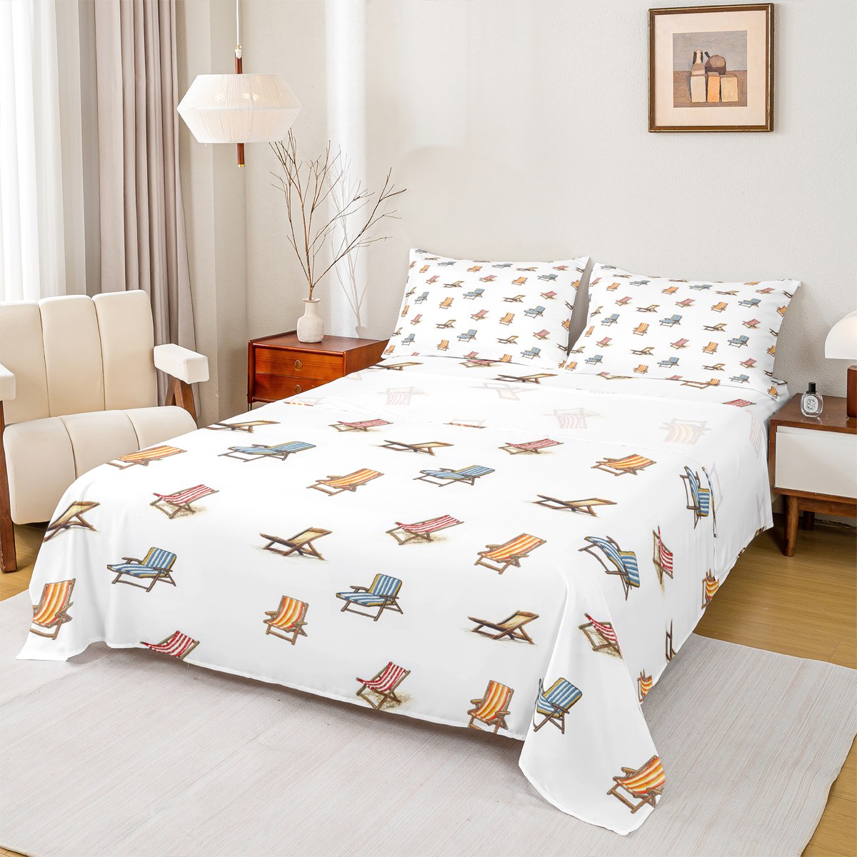 Manfei Beach Chairs 4-Piece Full Size Sheets,Ocean Theme Bed Sheets ...