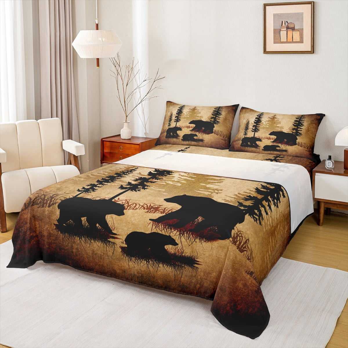Manfei Bear Silhouette Bed Sheets 4 Pieces, Woodland Jungle Animal King ...