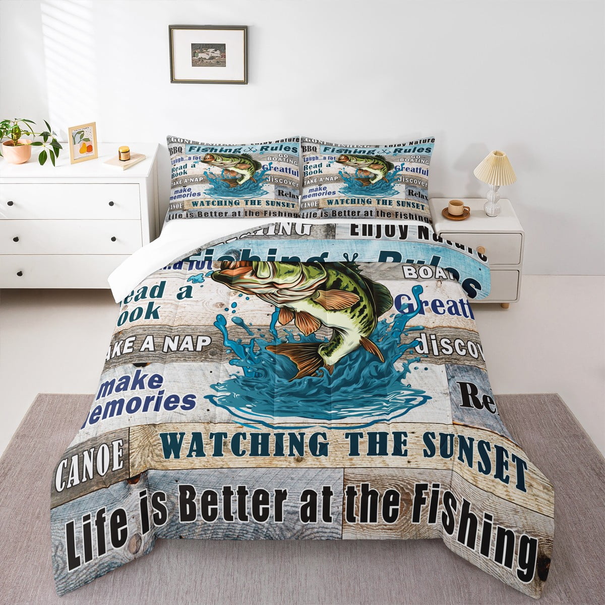 Manfei Big Bass Fish Full Size Comforter Sets 3-Piece for Female Men ...