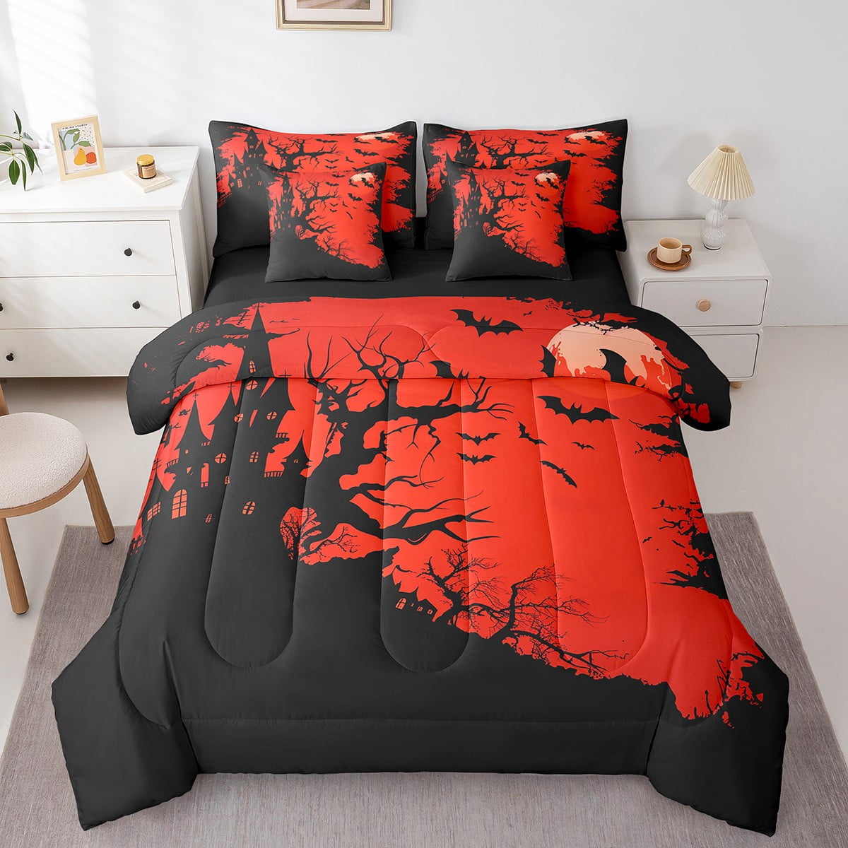 Manfei Black Bats 7pcs Bedding Comforter Set,Halloween Castle Queen ...