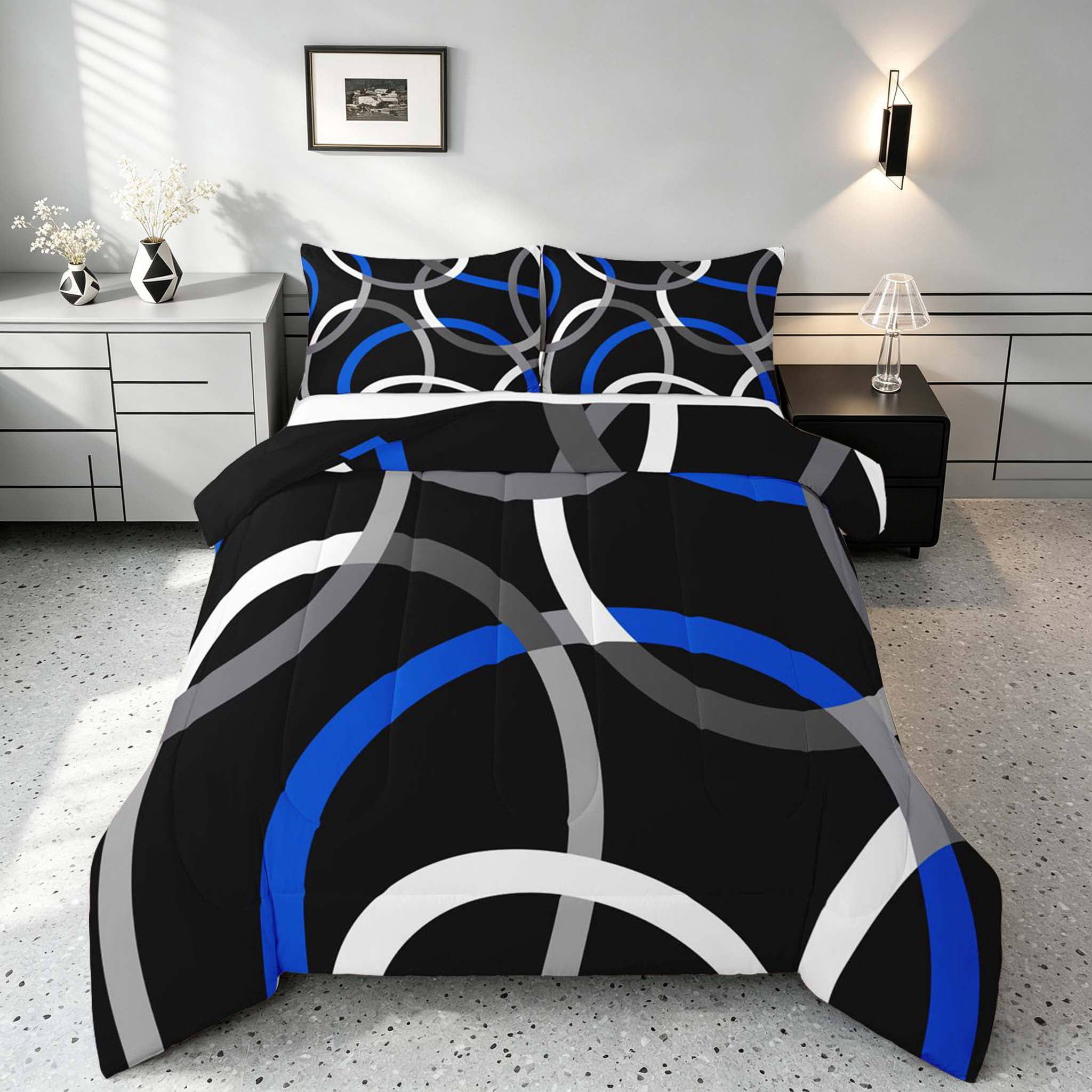 Manfei Black Blue Circle Queen Comforter Set,Aesthetic Minimalist ...