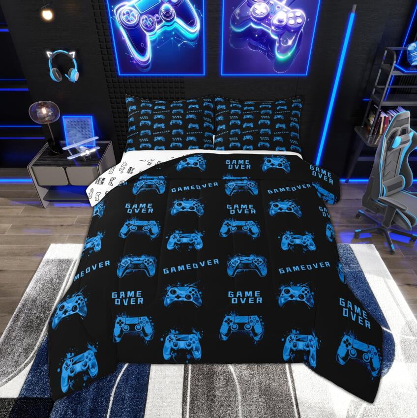 Manfei Black Blue Gamepad Full Size Comforter Sets, Gamer Gaming ...
