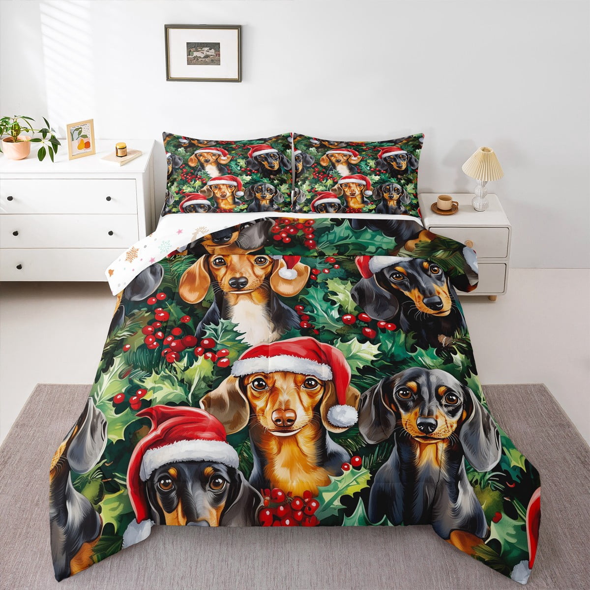 Manfei Black Brown Dachshund Full Size Comforter Sets,Red Xmas Hat ...
