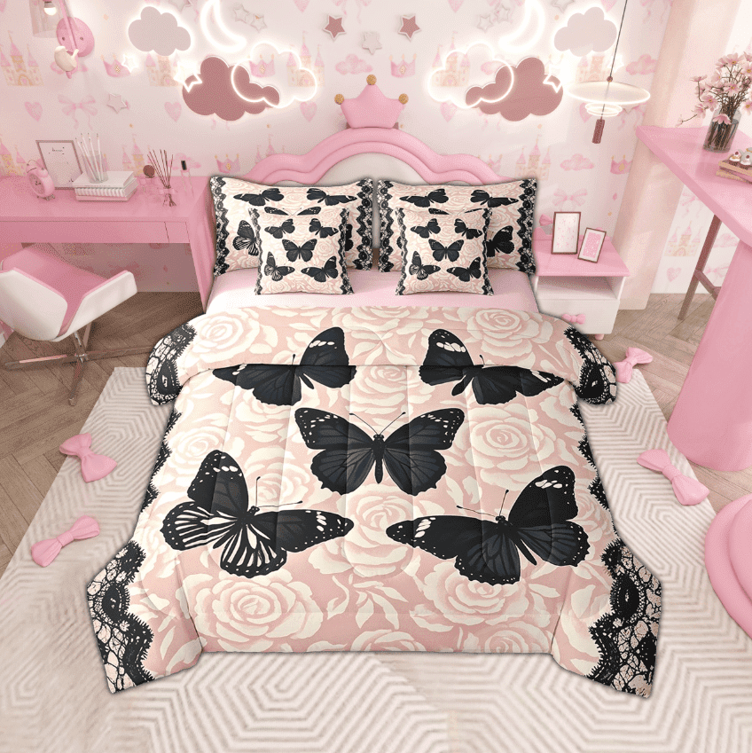 Manfei Black Butterfly 7pcs Bedding Queen Size for Girls Women, Vintage Rose Floral Comforter ...