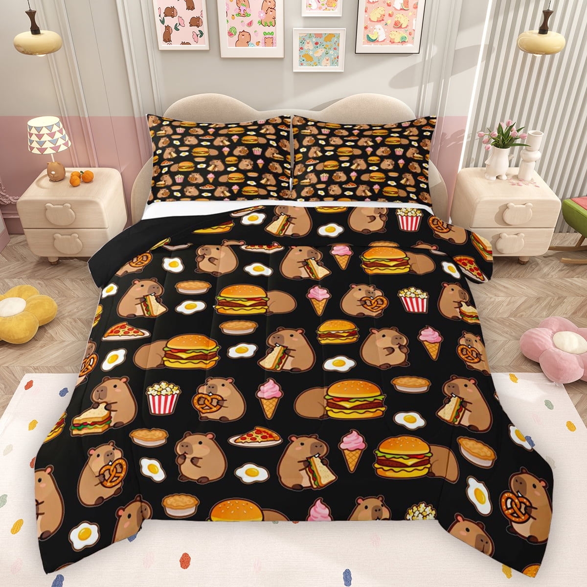 Homewish Black Cartoon Capibara Full Size Comforter Sets, Fast Food ...