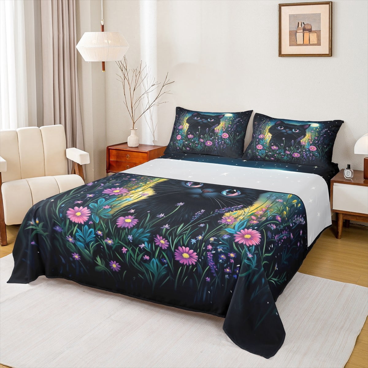 Manfei Black Cat Queen Sheet Sets,Colorful Flower Daisy Flat Sheet,Pet ...