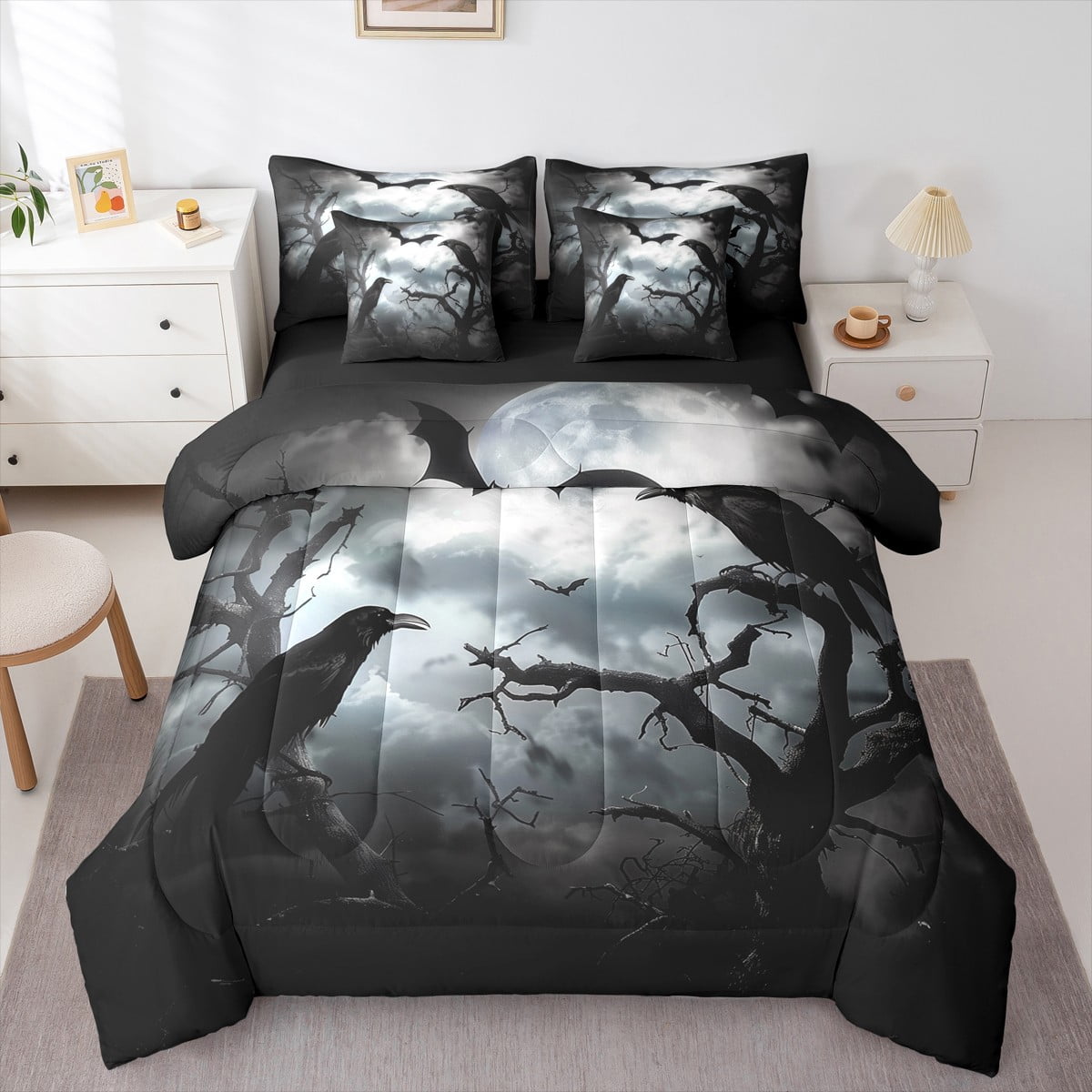 Manfei Black Crow Bats Bedding Comforter Set 7-Piece,Gothic Spooky King Bedding Sets,Halloween ...
