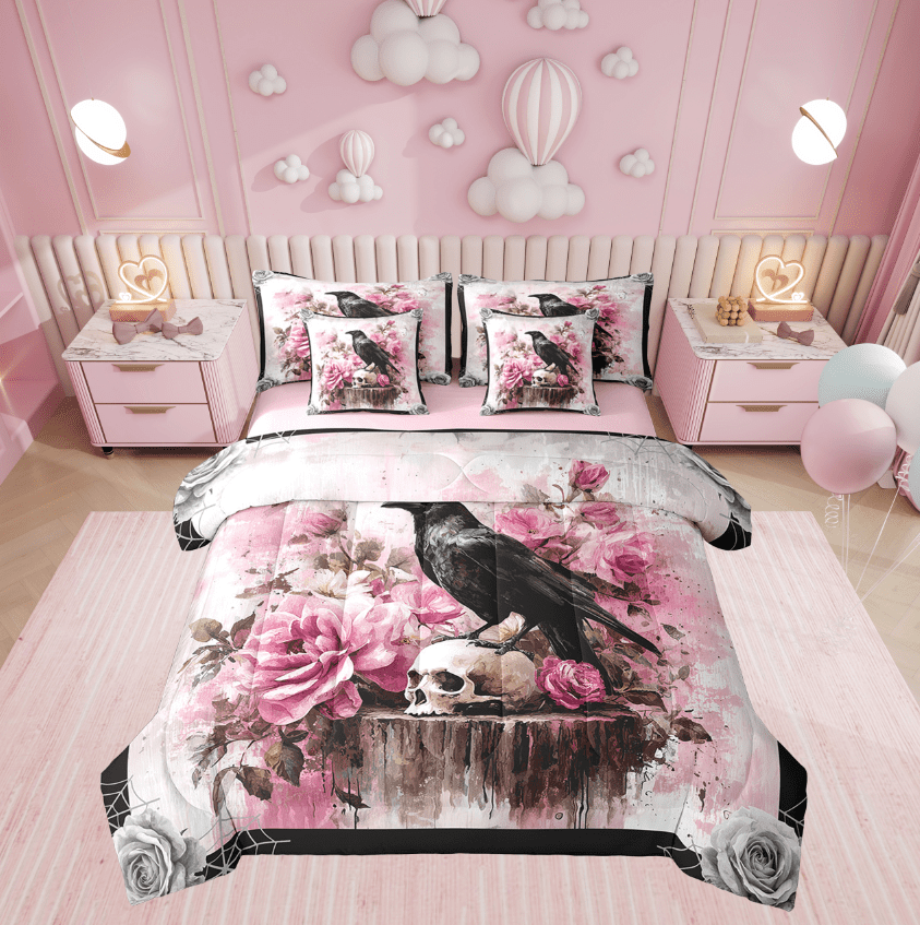 Manfei Black Crow Bed in a Bag Twin size, Vintage Rose Bedding Sets ...