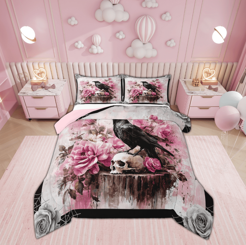 Manfei Black Crow Bedding Sets Full with Comforter, Vintage Rose Duvet ...