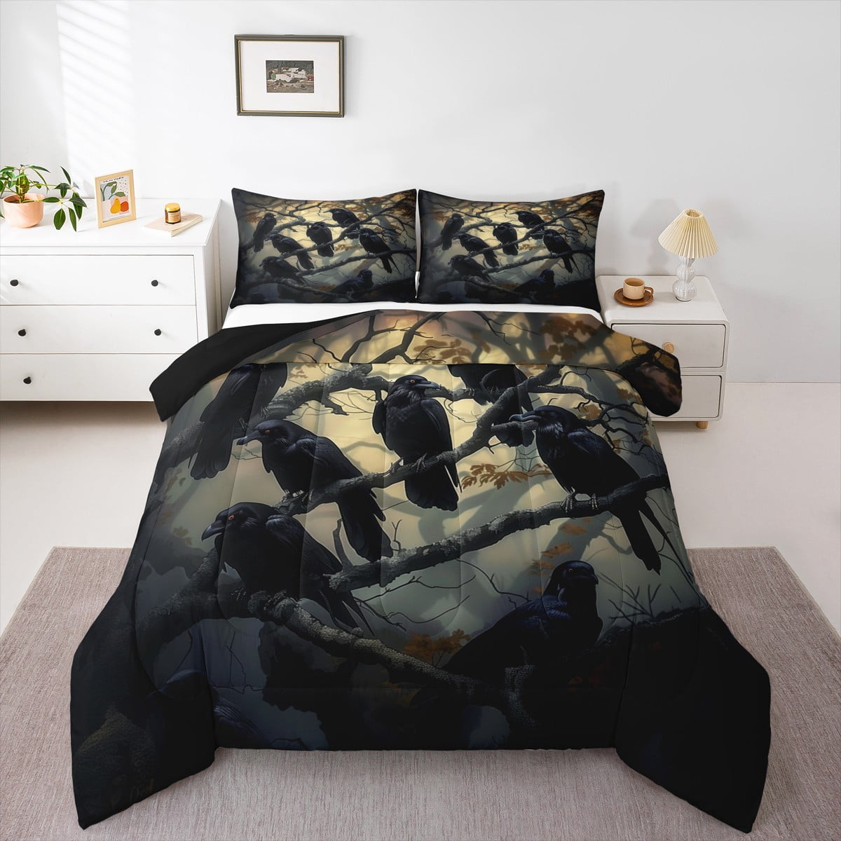Manfei Black Crow Queen Comforter Set,Black Feathers Bird Bedding Sets ...