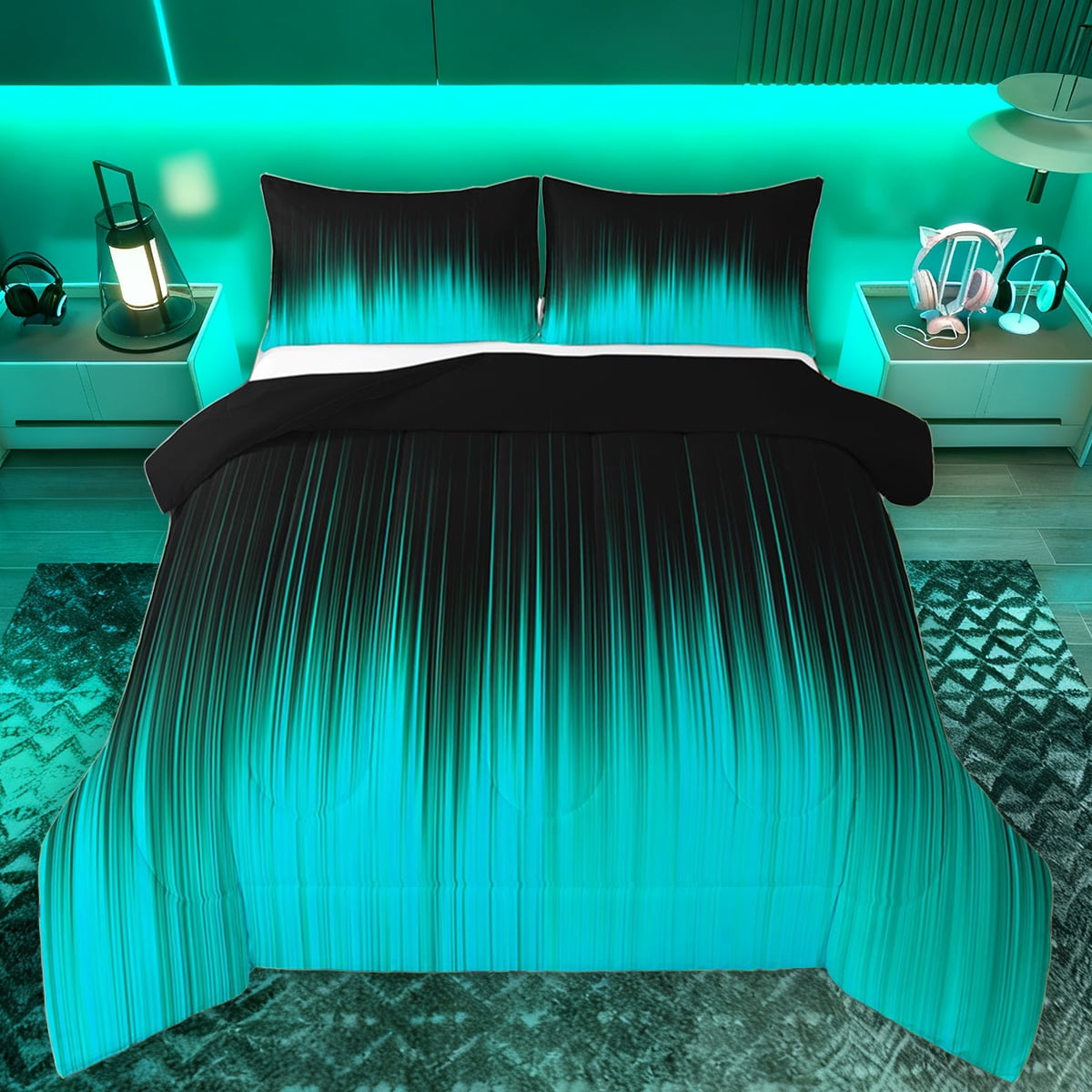 Manfei Black Cyan Stripes Bedding Comforter Set for Adult, Chic ...