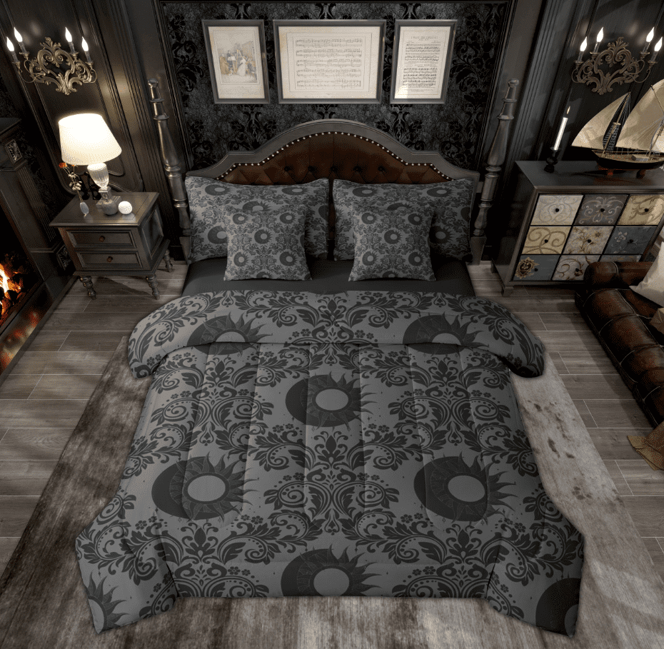 Manfei Black Damask Floral Twin Bedding Sets 7-Piece, Mystic Moon Sun ...