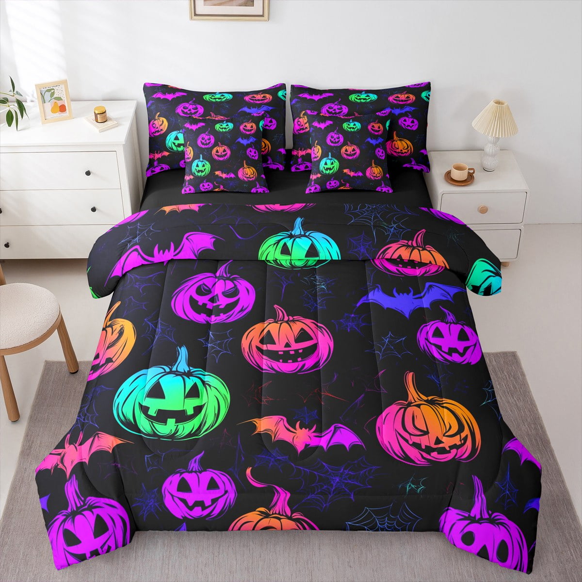 Manfei Black Fuchsia Pumpkin Bedding Comforter Set 7 Pieces for Kid ...