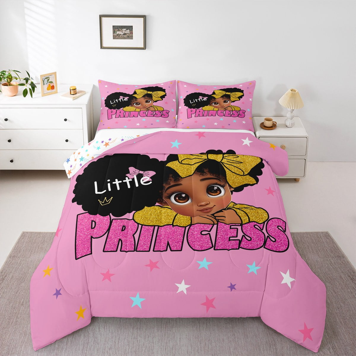 Manfei Black Girl 3 Pieces Queen Comforter Set,Kawaii Princess Ultra ...