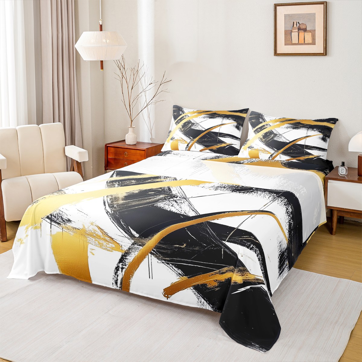 Manfei Black Gold White Full Size Sheets 4-Piece, Oil Painting ...