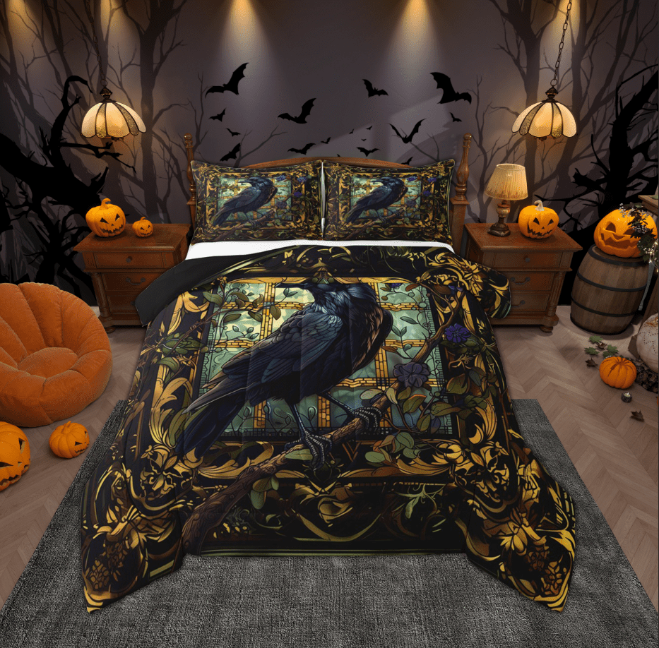 Manfei Black Gothic Crow Full Size Comforter Sets for Teens, Happy ...