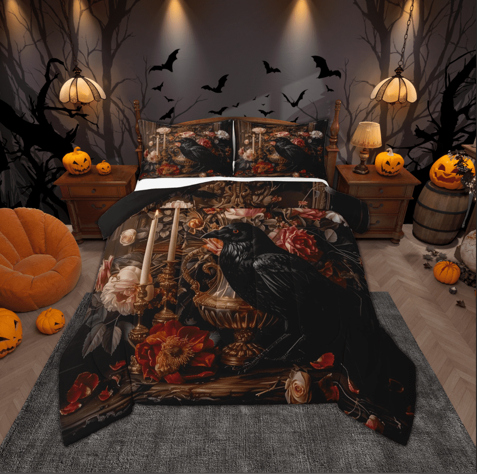 Manfei Black Gothic Crow Queen Comforter Set for Teens, Happy Halloween ...