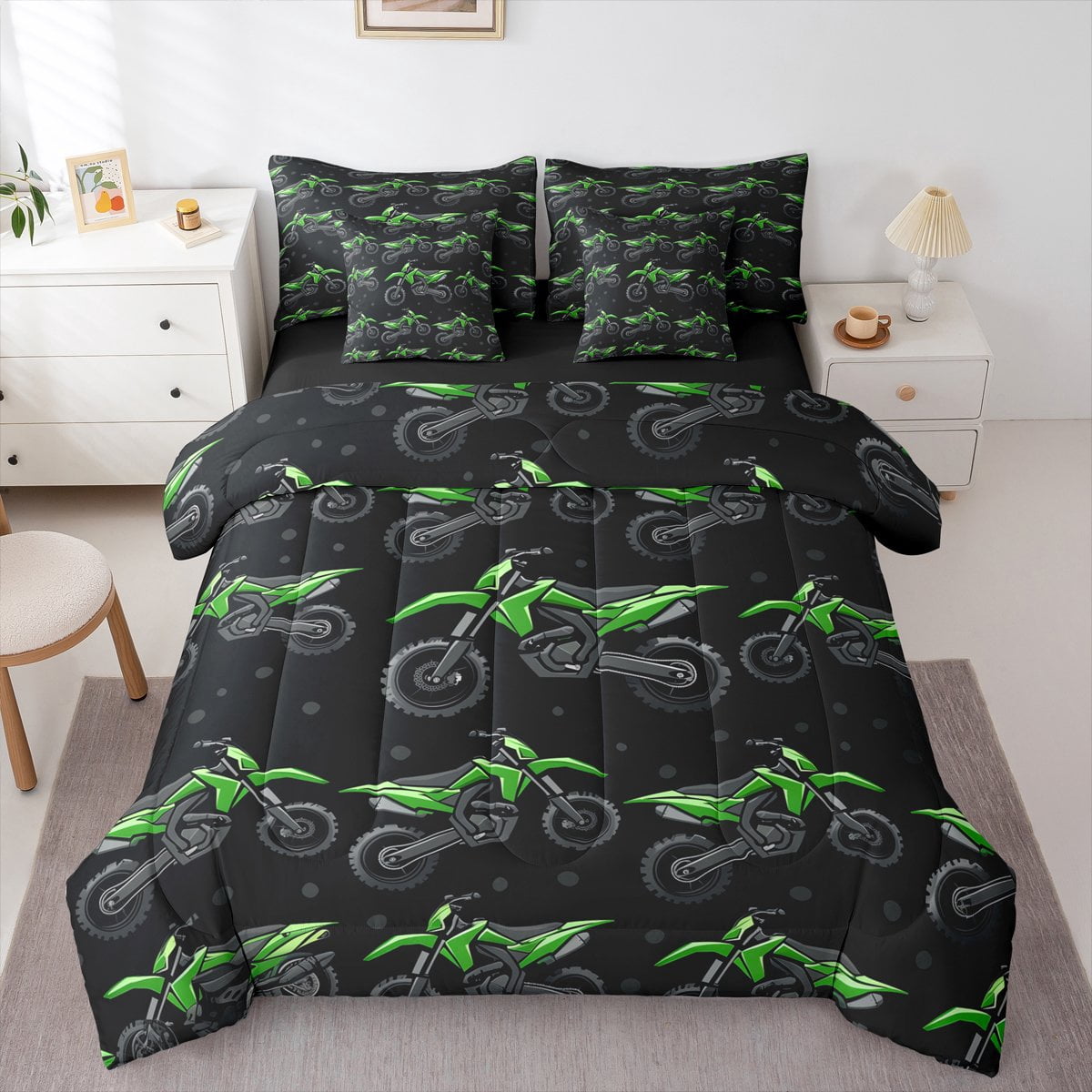 Manfei Black Green Motorcycle Bedding Comforter Set 7-Piece, Extreme ...