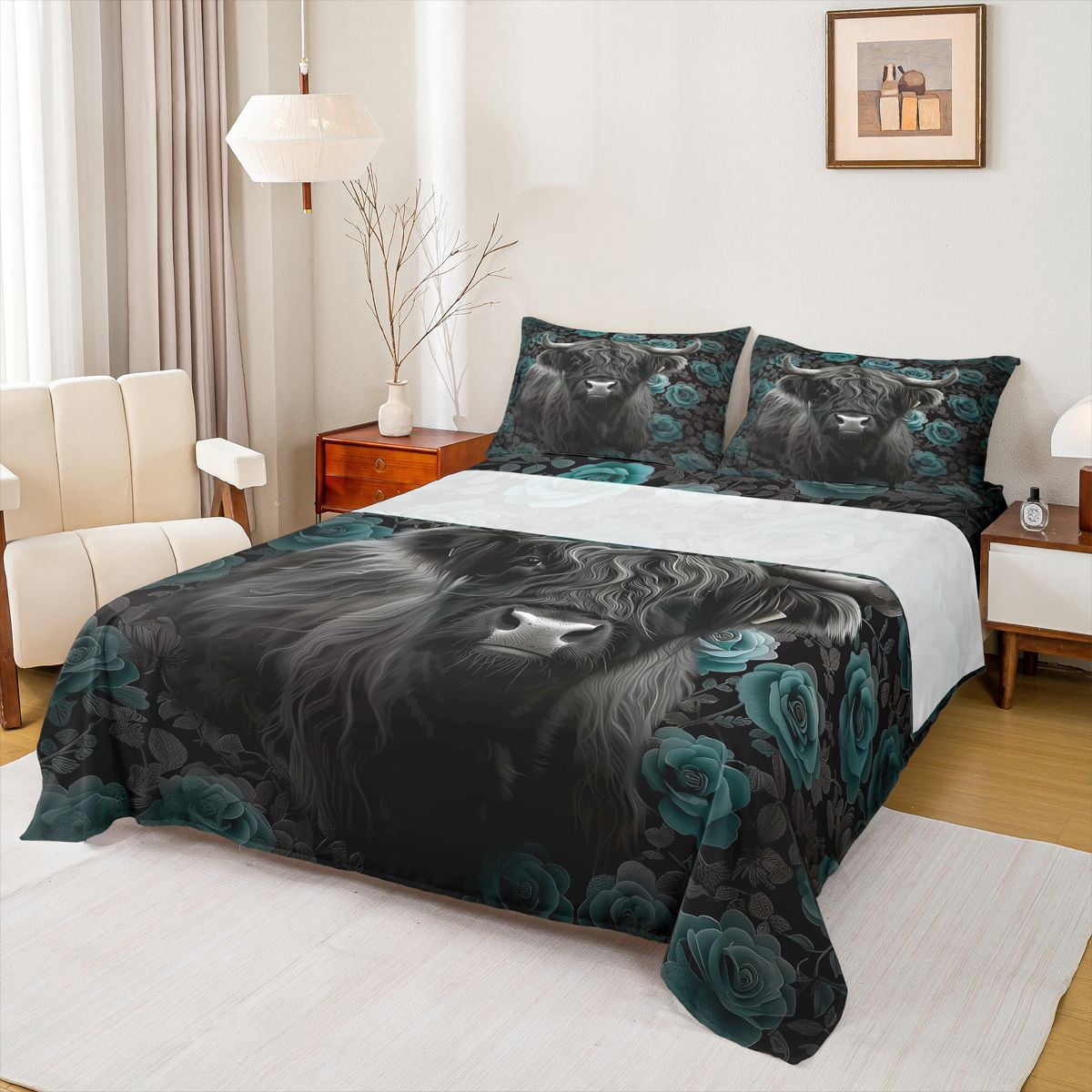 Manfei Black Highland Cow Bed Sheets,Country Farmhouse Lodge King ...
