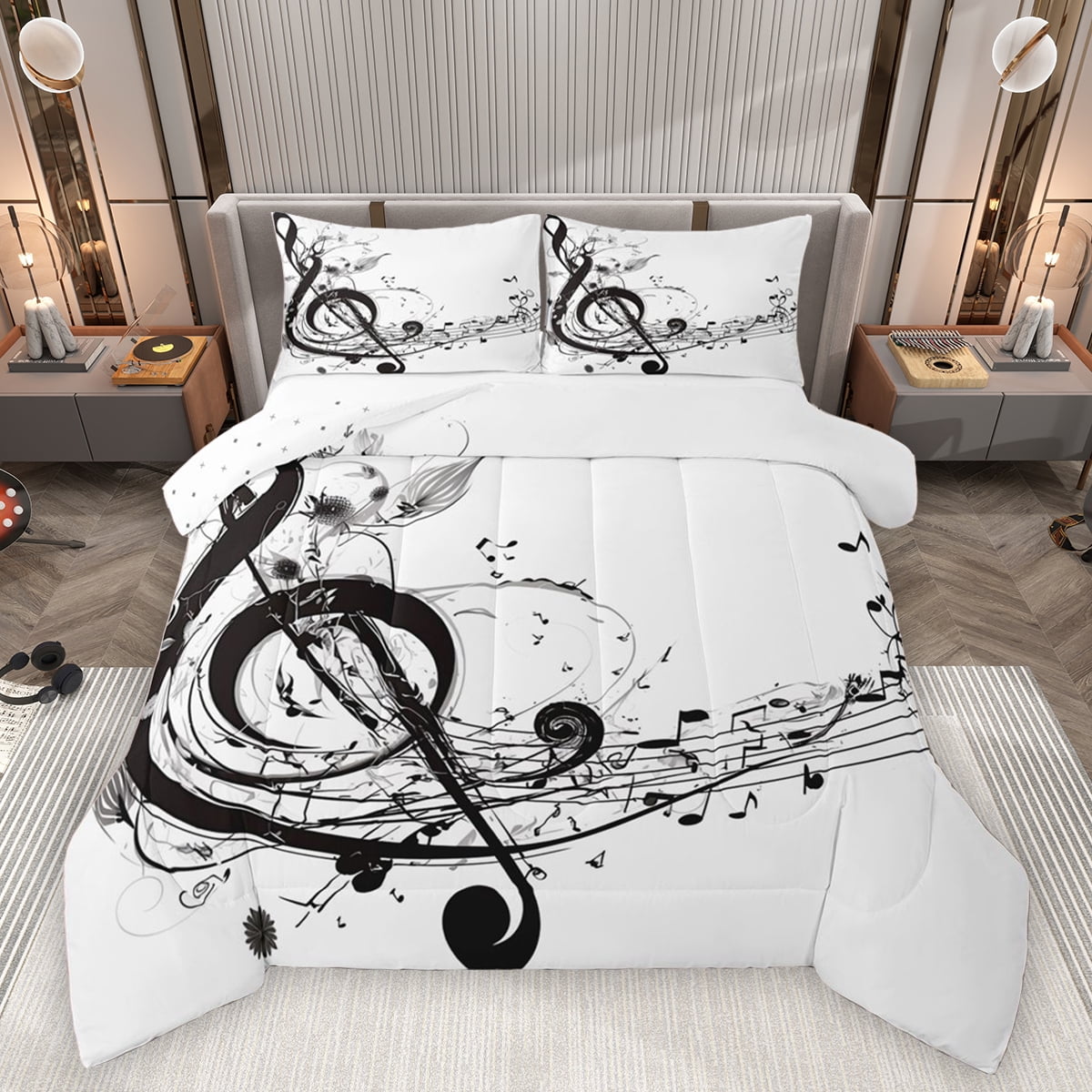 Manfei Black Musical Note Bedding Comforter Set, Modern Pop Music Twin ...