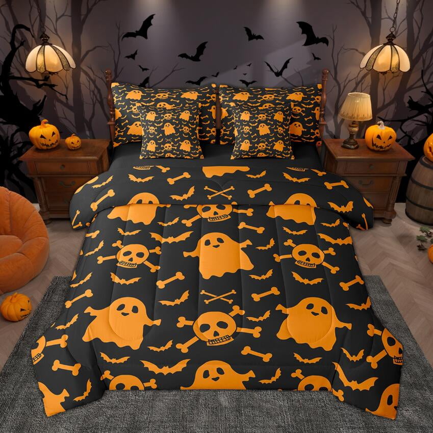 Manfei Black Orange Halloween Bedding Comforter Set 7 Pieces, Cute ...